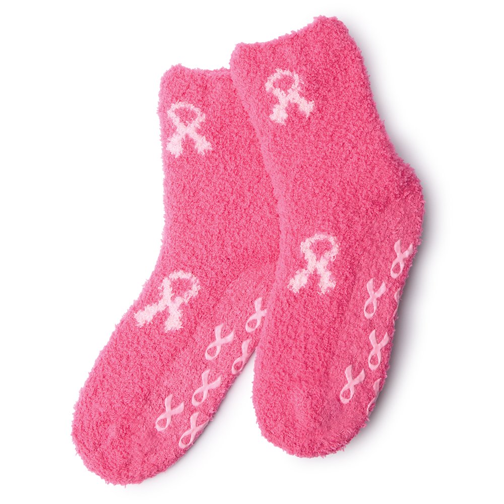 Pink Ribbon Non-Skid Fuzzy Slipper Socks | Positive Promotions