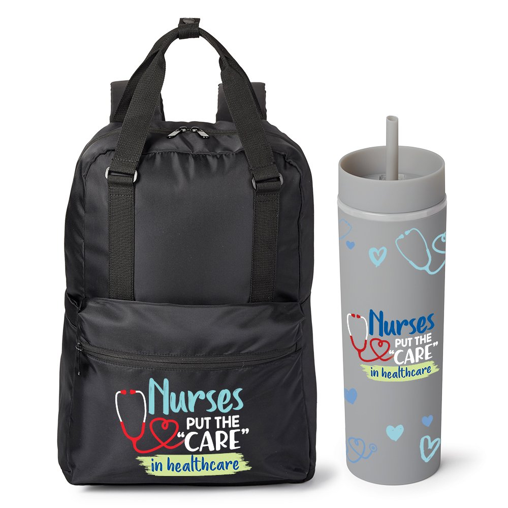 Nurses Put the "Care" in Healthcare Backpack/Tote & 2-in-1 Tumbler Gift ...