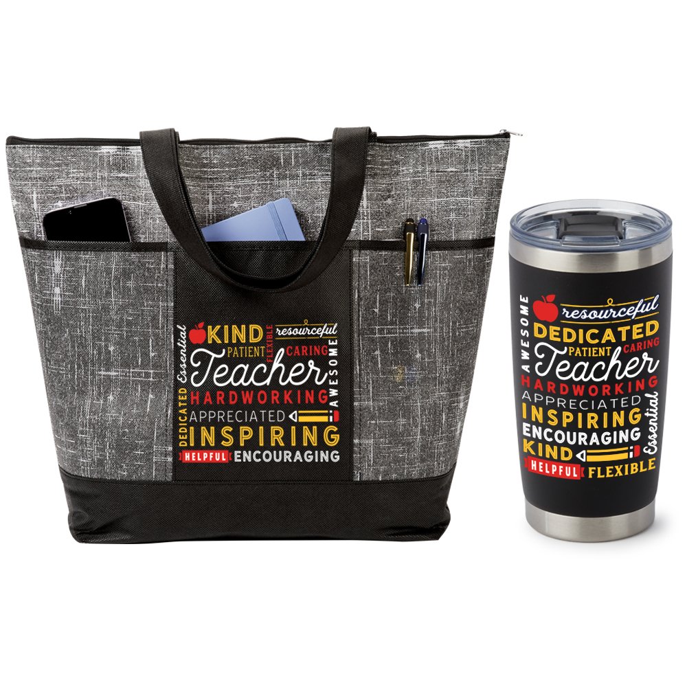 Teacher Word Cloud Malibu Tote Bag & Templock Tumbler Gift Set ...