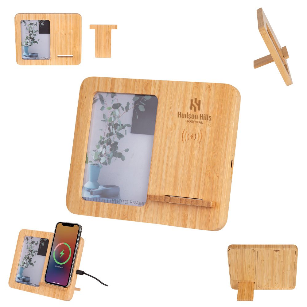 Bamboo Photo Frame & Wireless Phone Charger 4" x 6" 10W - Laser ...
