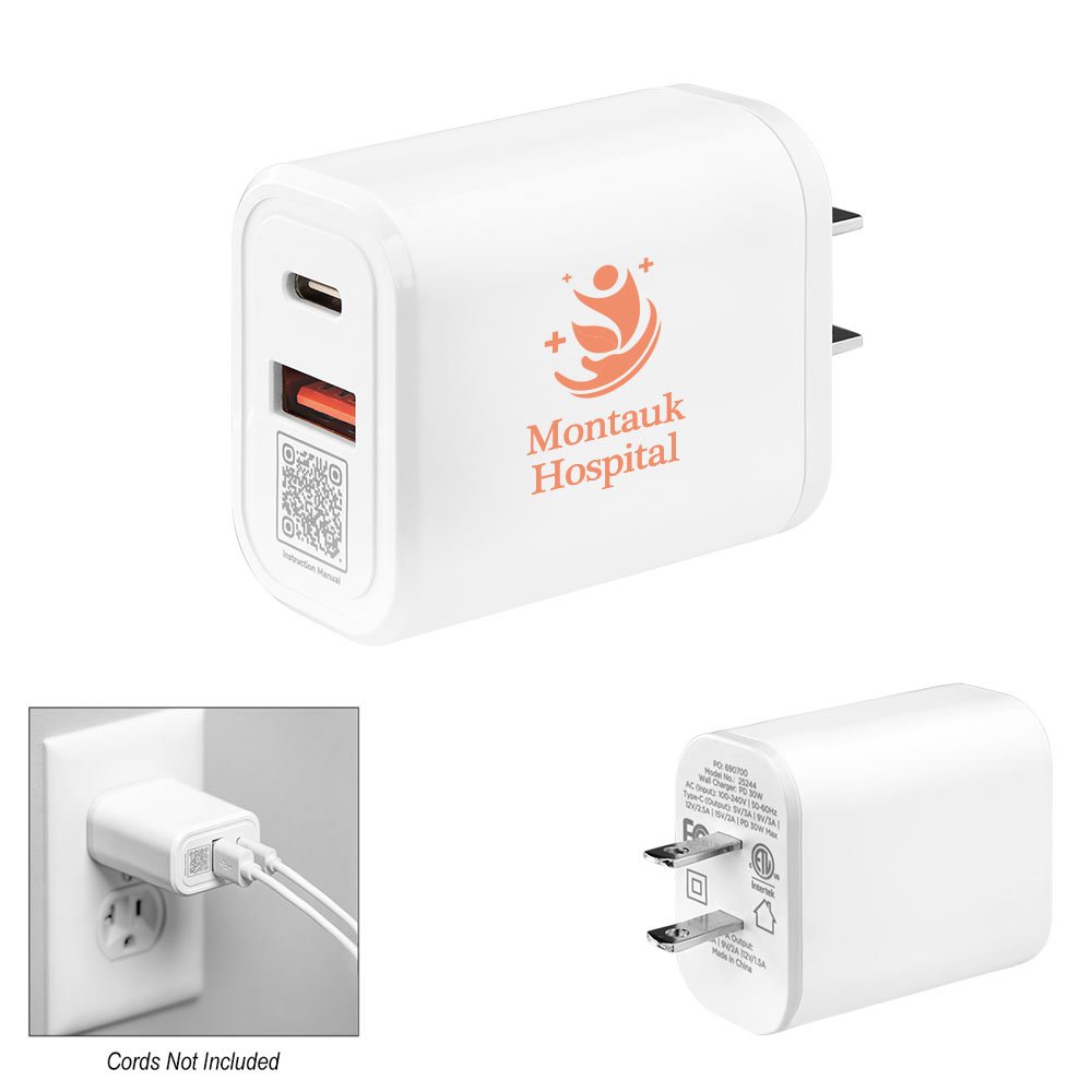 ETL-Listed USB-A/Type-C Wall Adapter 30W - One-Color Personalization ...