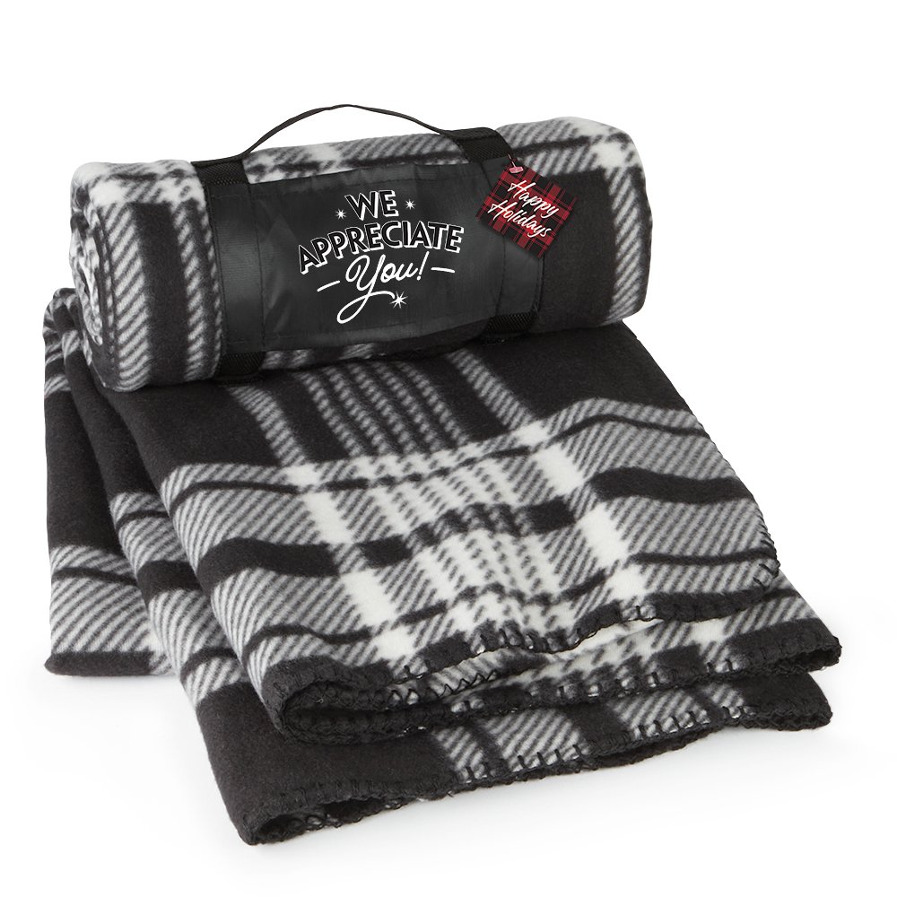 We Appreciate You! Black/White Plaid Roll-Up Eco Blanket With Holiday ...