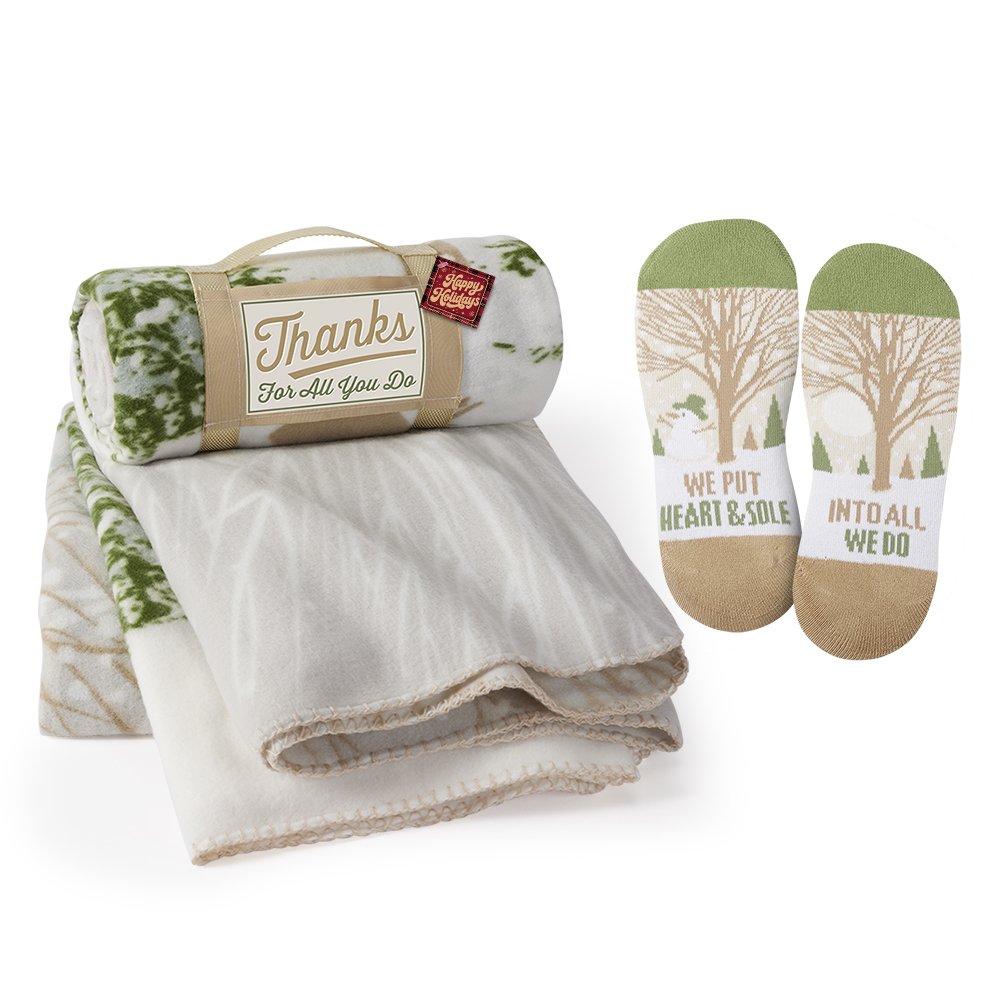 Winter Scene Roll-Up Eco Blanket & Socks Gift Set With Holiday Gift Tag ...