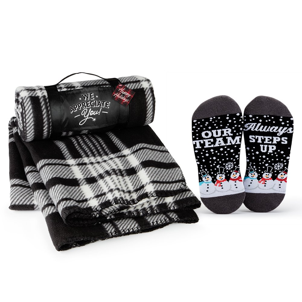 Black & White Plaid/Snowman Roll-Up Eco Blanket & Socks Gift Set With ...