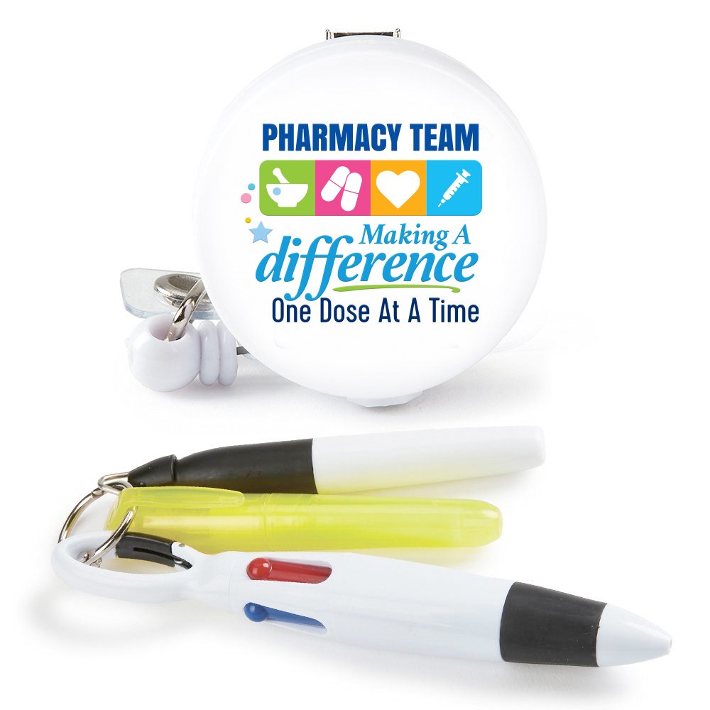 Pharmacy Team: Making a Difference One Dose at a Time Badge Holder & 3-Piece Pen Assortment Set ...