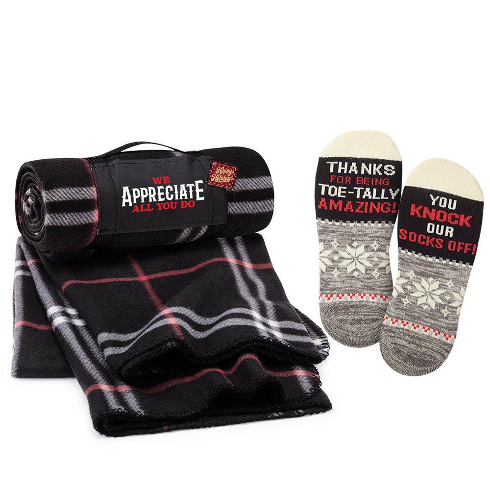 Black, Red, & White Plaid Roll-Up Eco Blanket & Socks Gift Set With ...
