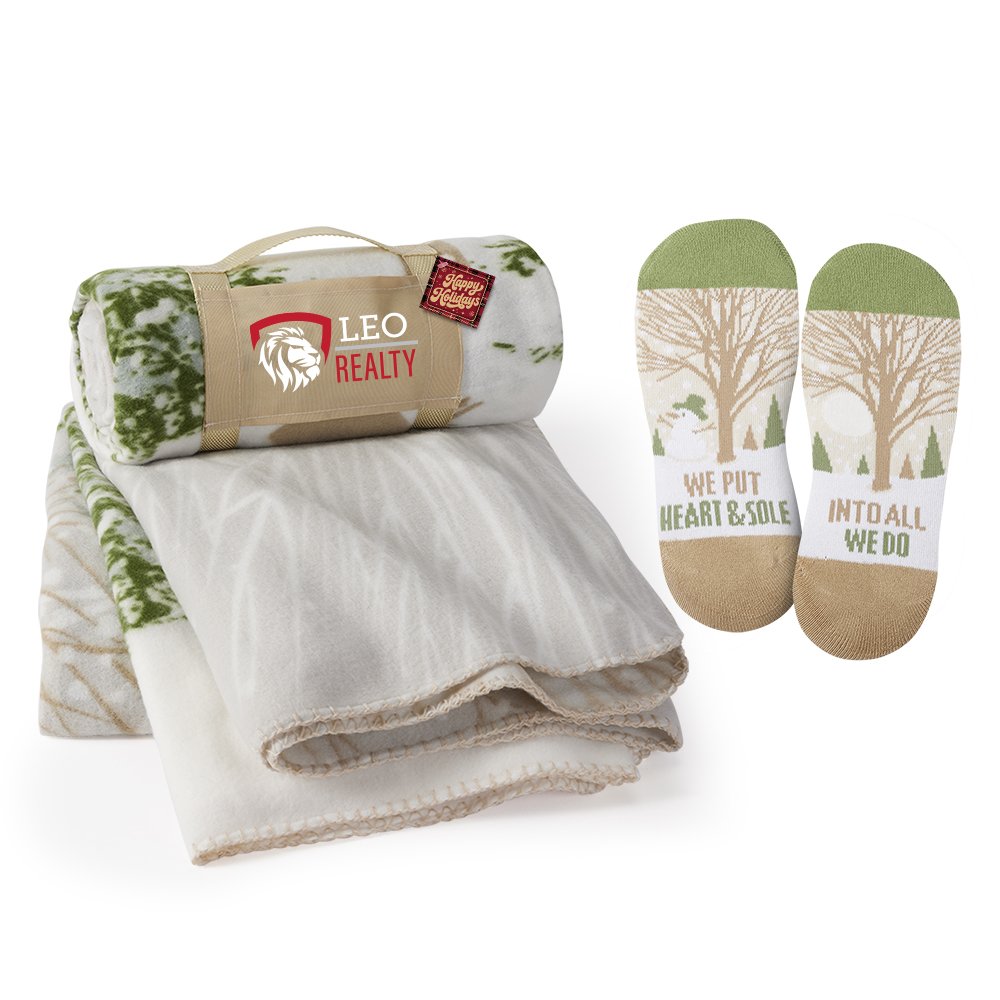Winter Scene Roll-Up Eco Blanket & Socks Gift Set With Holiday Gift Tag ...