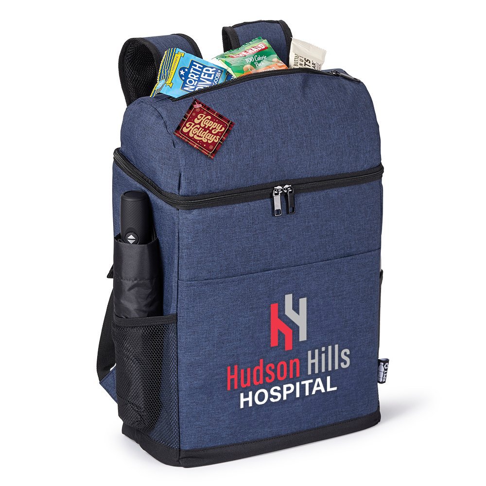 Navy Adventure rPET 20-Can Backpack Cooler with Holiday Gift Tag - Embroidered Personalization ...