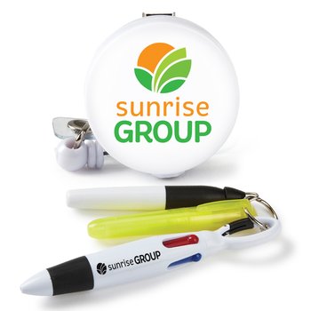 Round Retractable Badge Holder & 3-Piece Pen Assortment Set - Badge ...