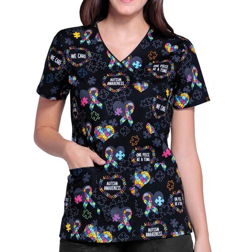 Cherokee® Women's Autism Awareness Ribbon Mock Wrap V-Neck Scrubs Top ...