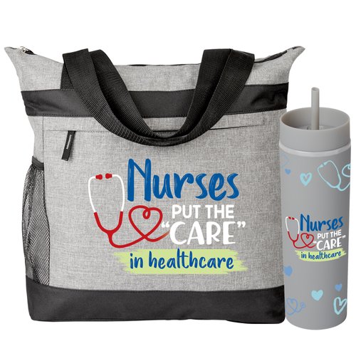 Nurses Put the "Care" in Healthcare Gray Tote & 2-in-1 Tumbler Gift Set ...